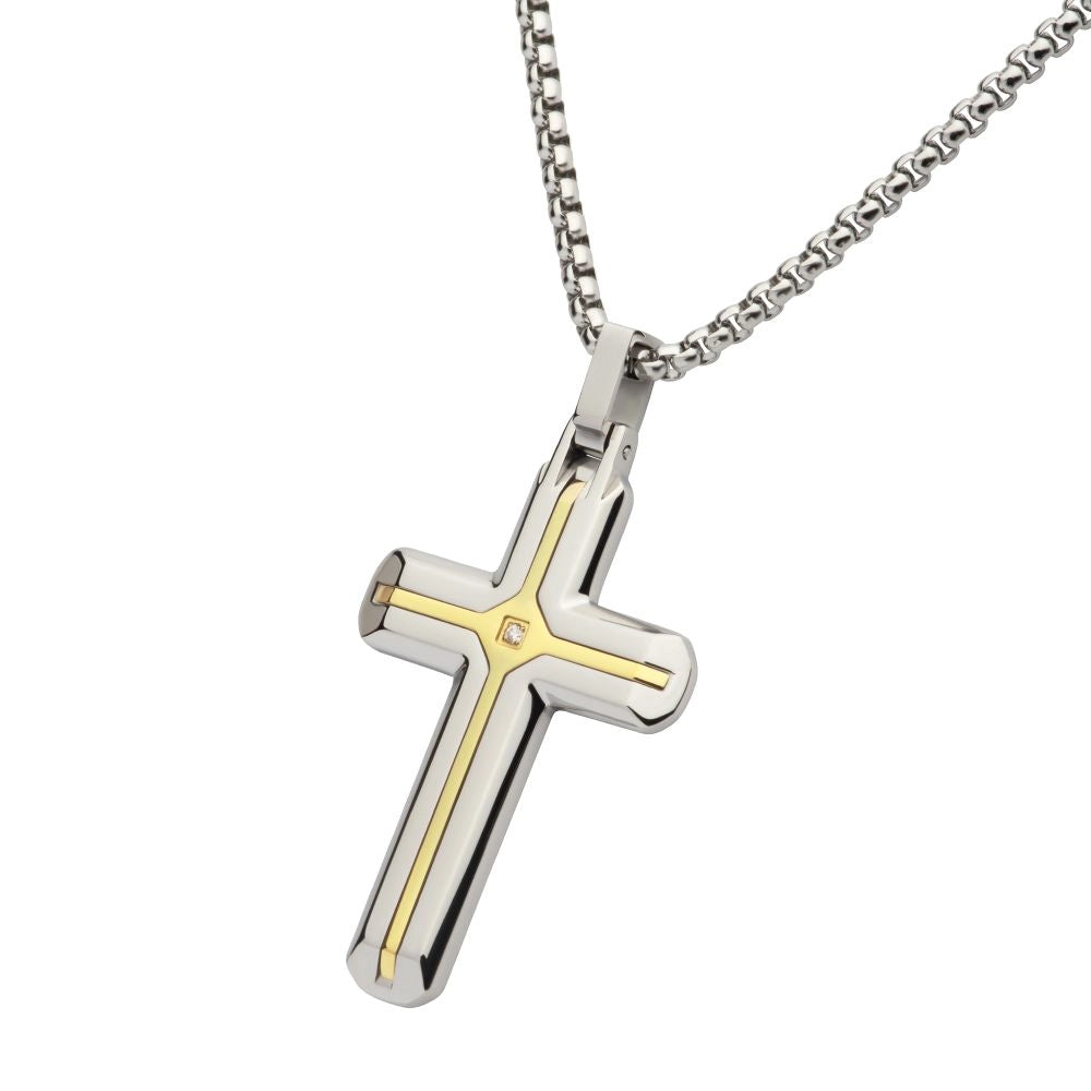 Inox Stainless Steel 18K Gold IP Cross Necklace with Lab Grown Diamond ...