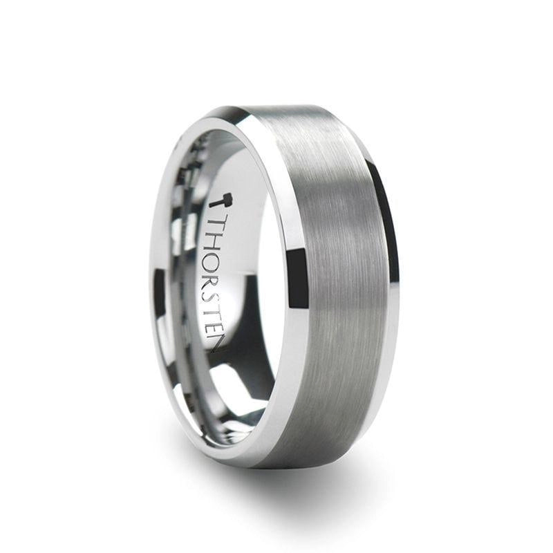 Brushed Center White Tungsten Ring with Beveled Edges